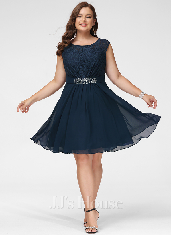 A-line Scoop Knee-Length Chiffon Lace Homecoming Dress With Beading Bow ...