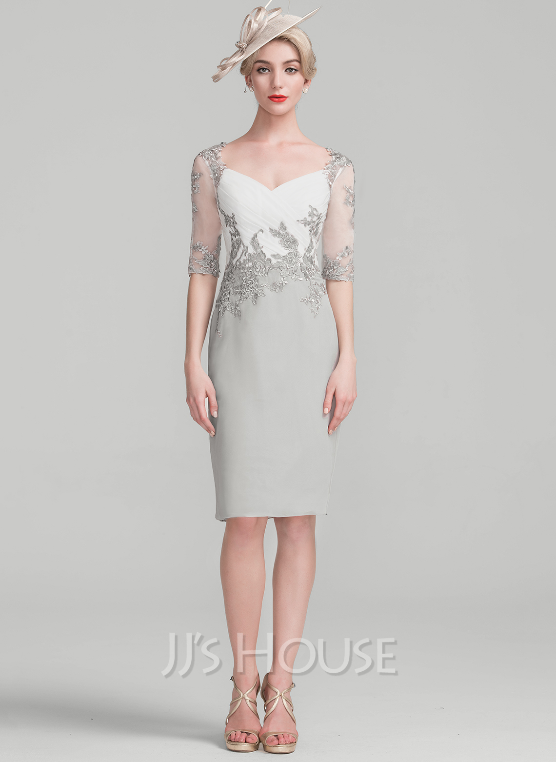 Sheath/Column Knee-Length Chiffon Lace Cocktail Dress With Ruffle ...